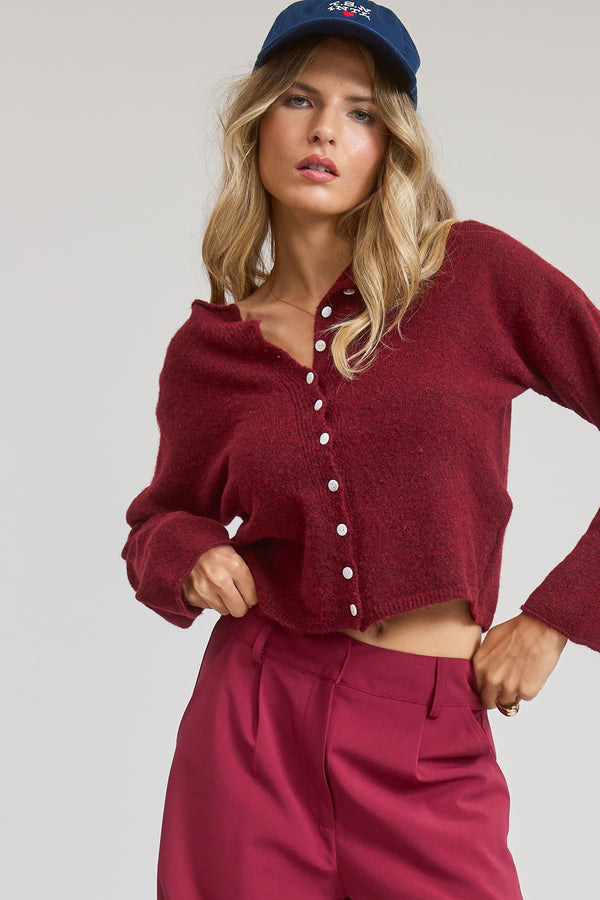 Elise Button Down Cardigan - Burgundy - Maude