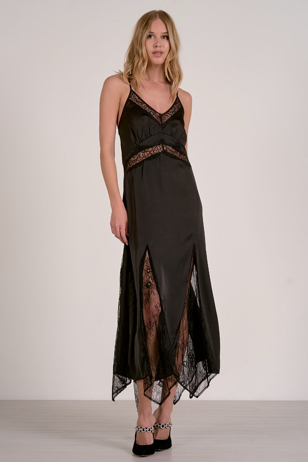 Satin Lace Slip Maxi Dress - Black - Maude