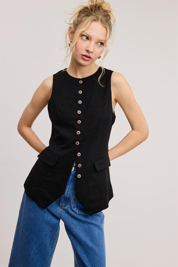 Tailored Long Line Vest - Black - Maude